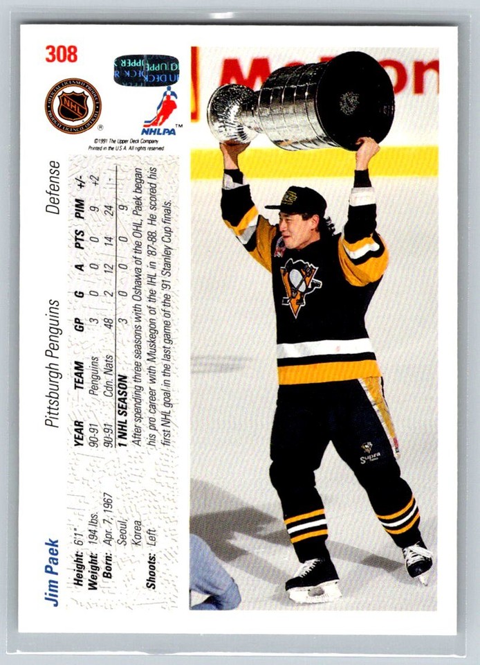 1991-92 Upper Deck #308 Jim Paek Pittsburgh Penguins Rookie Hockey Card ...