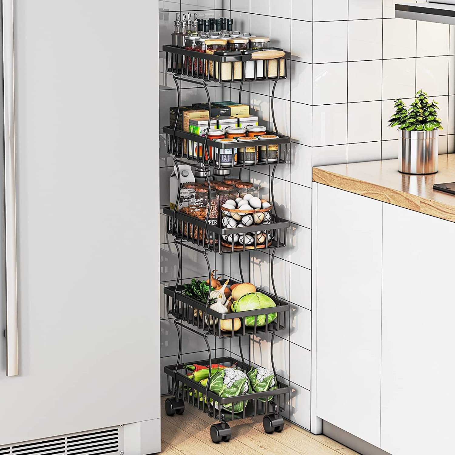 5 Tier Fruit Vegetable Basket Storage Cart Organizer with Wheels Medium ...