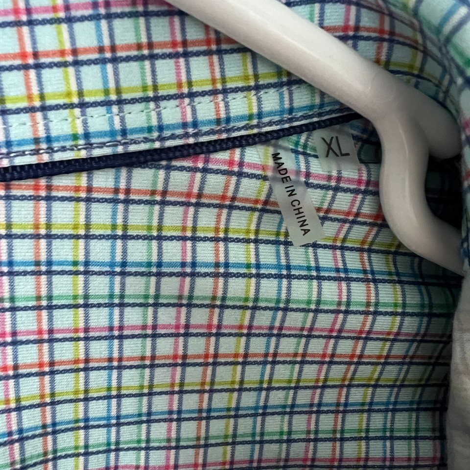 BUGATCHI Shirt Mens XL Blue Plaid OoohCotton Tech 8 Way Stretch Button ...