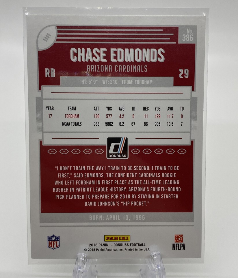 Chase Edmonds 2018 Panini Donruss Football RC 386 Rookie Card Arizona ...