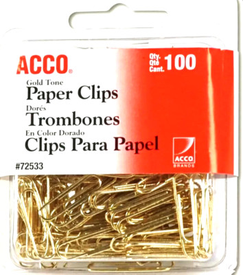 1 Box of 100 ACCO Paper Clips 🔴 #72533 Gold Tone 1⅛