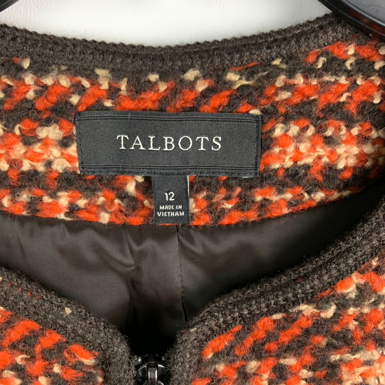 Talbots Jacket Tweed Orange Brown Print Trim Long Sle… - Gem