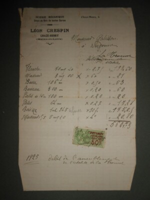 ancienne facture Chazé Henry Maine & Loire 1925 Léon Crepin scierie ...