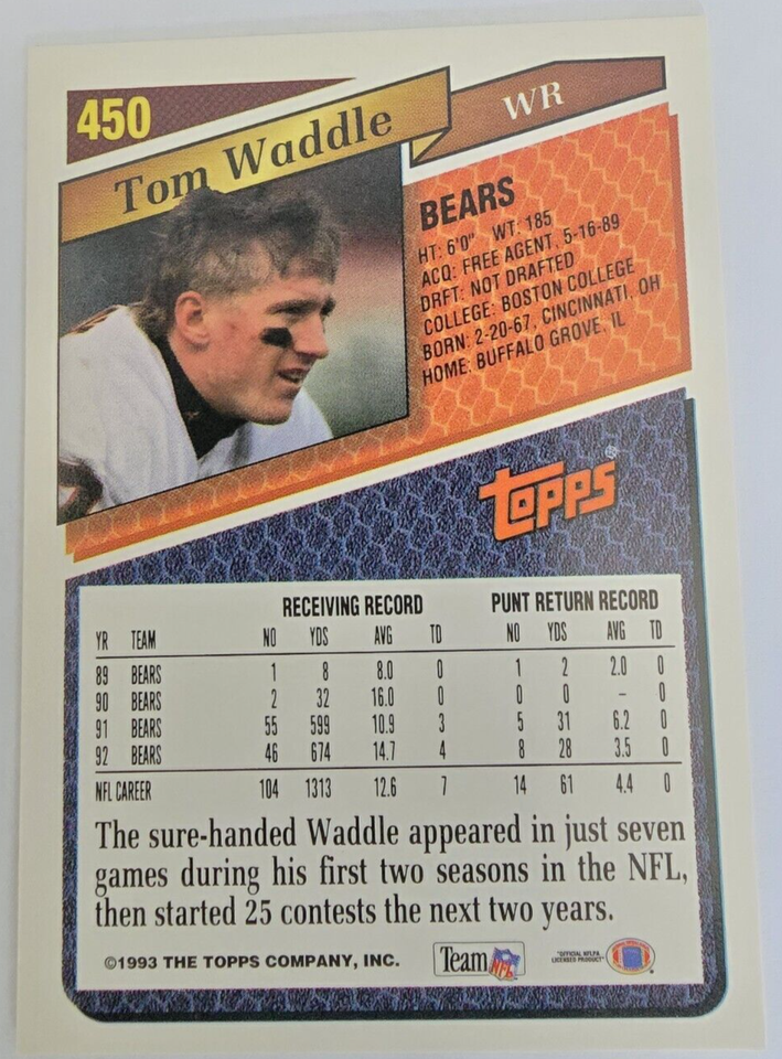 Tom Waddle, 1993 Topps, Chicago Bears, Wide Receiver, Card # 450 | eBay