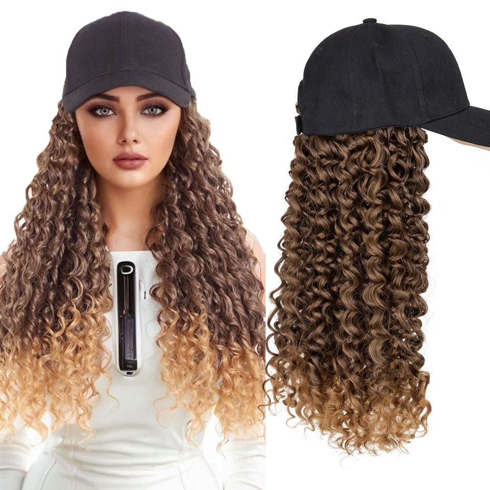Xmas Wig With Black Hat Baseball Wigs Cap Long Wavy Curly Hair Wig Cap ...
