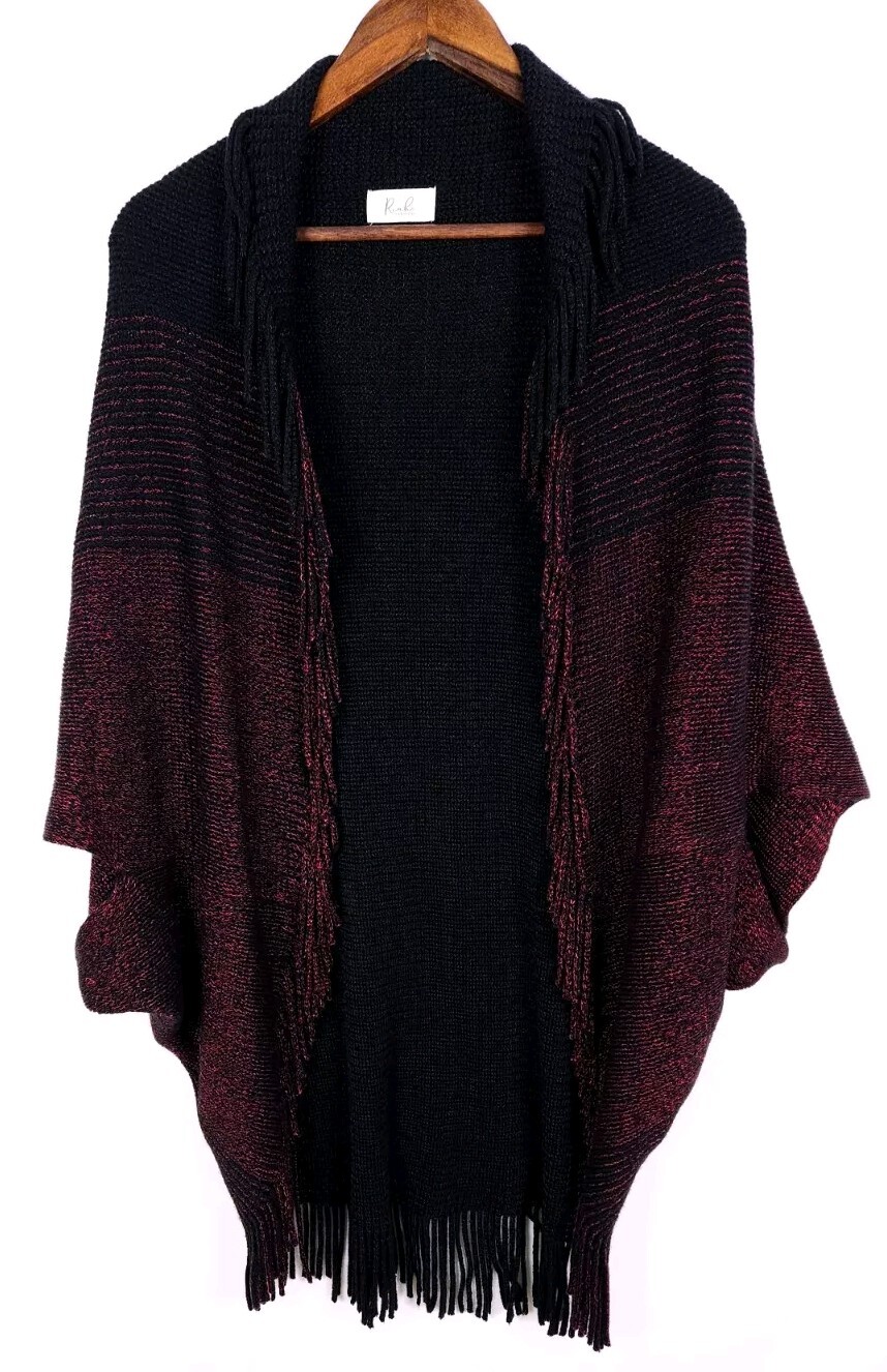 Riah Fashion Open Knit Cardigan Fringe Red Black Metallic Round Drape ...