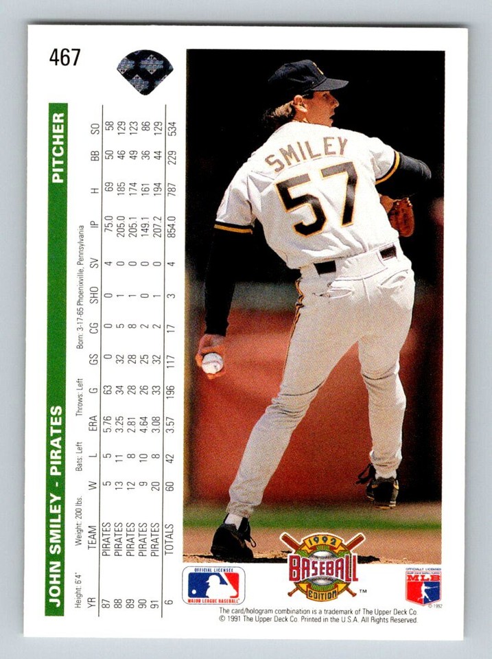 1992 Upper Deck #467 John Smiley Pittsburgh Pirates Baseball Card | eBay