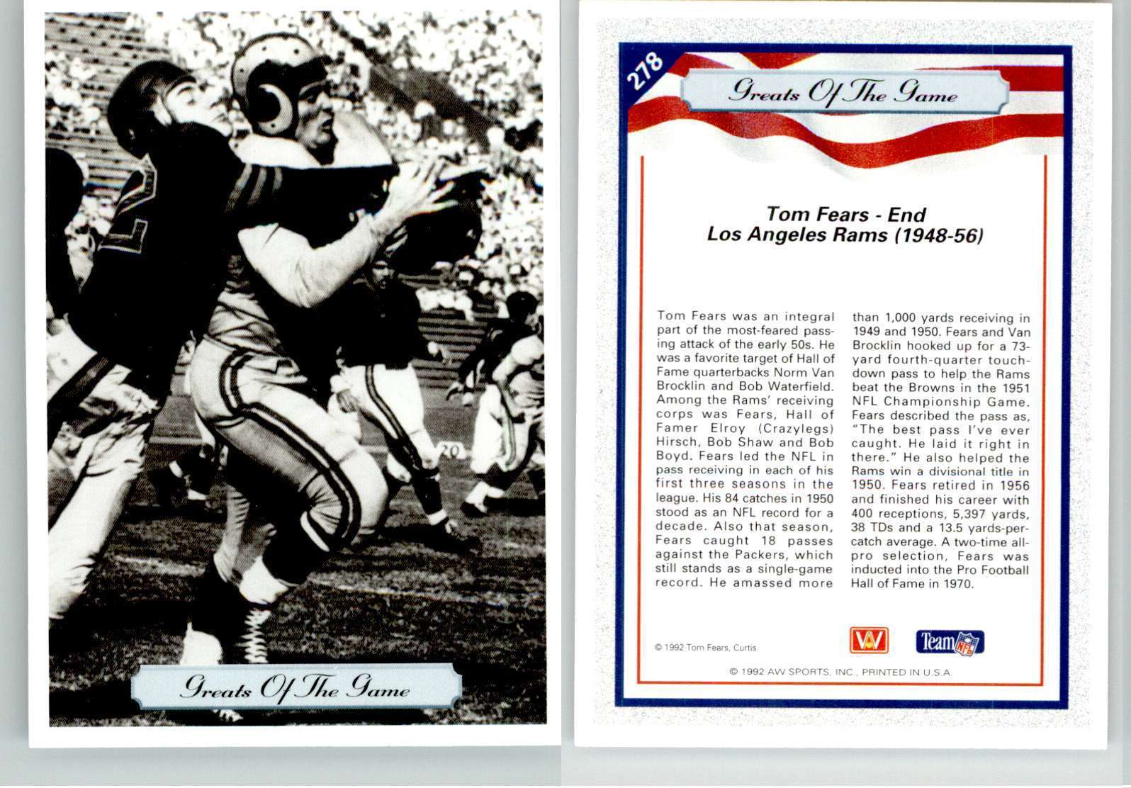 Tom Fears 1992 AW All World Greats of the Game #278 Rams HOF | eBay