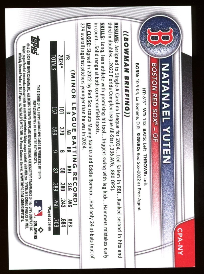 2025 Bowman Chrome Natanael Yuten 1st Bowman Green Reptilian Auto /99 # ...