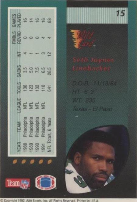 1992 Wild Card Seth Joyner #15 for sale | eBay