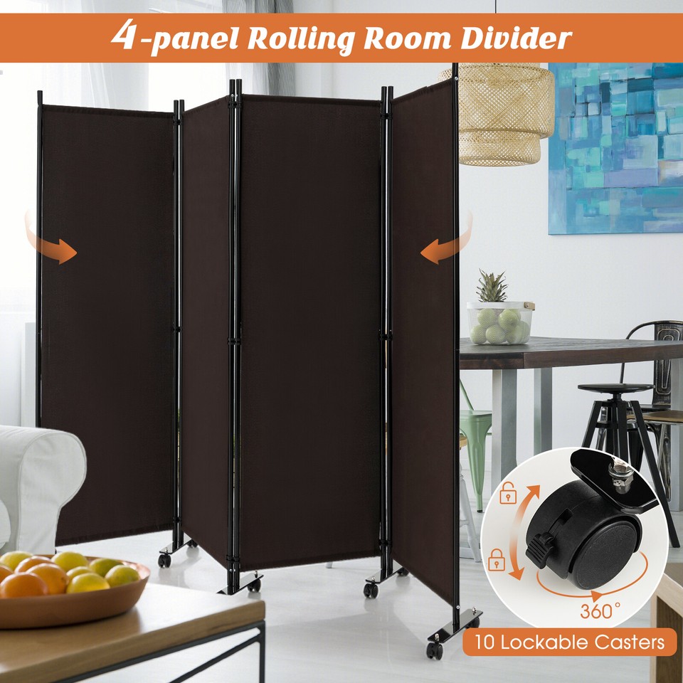 4-Panel Folding Room Divider 6FT Rolling Privacy Screen w/ Lockable ...