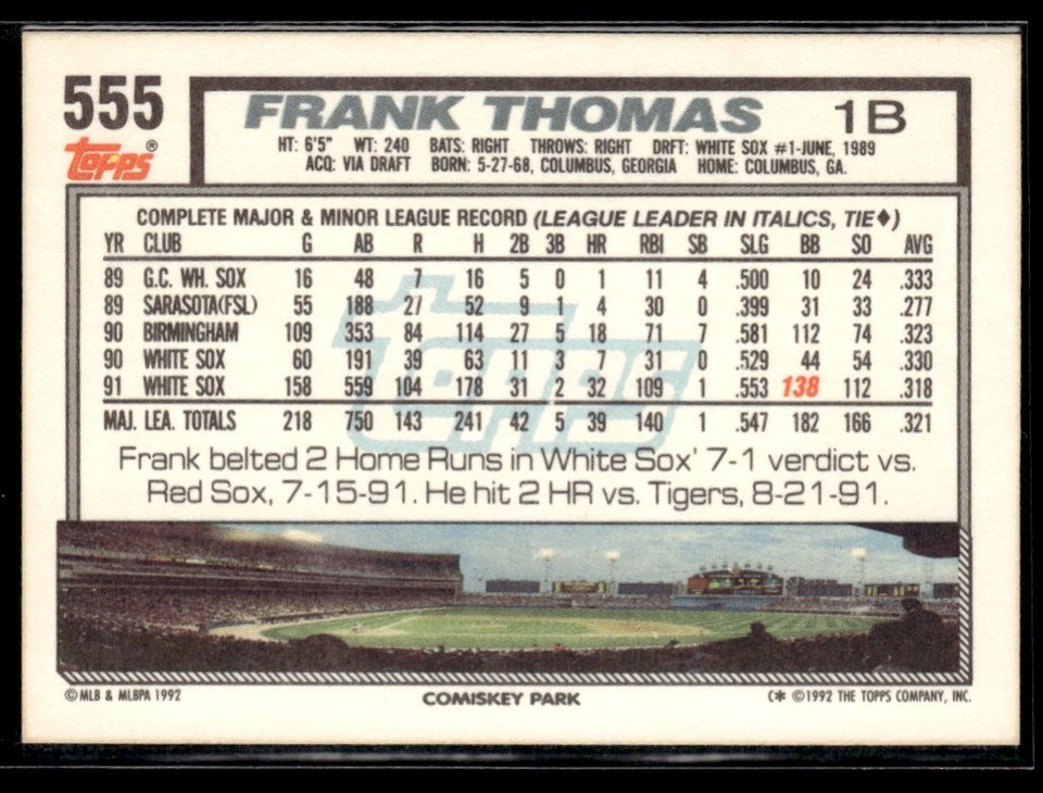 1992 Topps #555 Frank Thomas Baseball Card 1102A | eBay