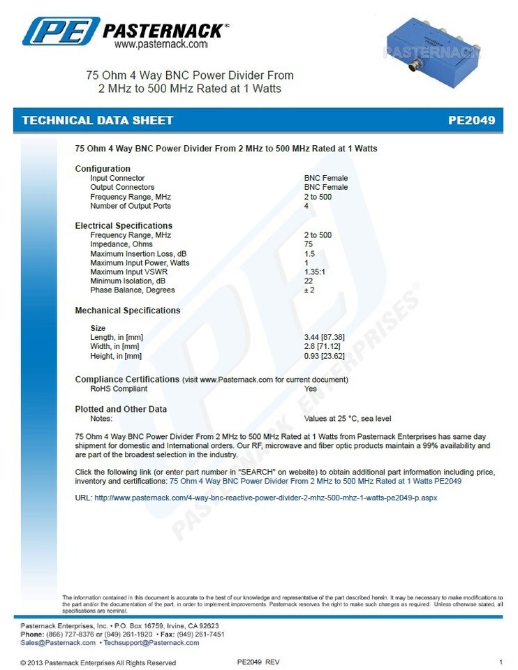 PASTERNACK PE2049 75 Ohm 4 Way BNC Power Divider From 2 MHz to 500 MHz ...