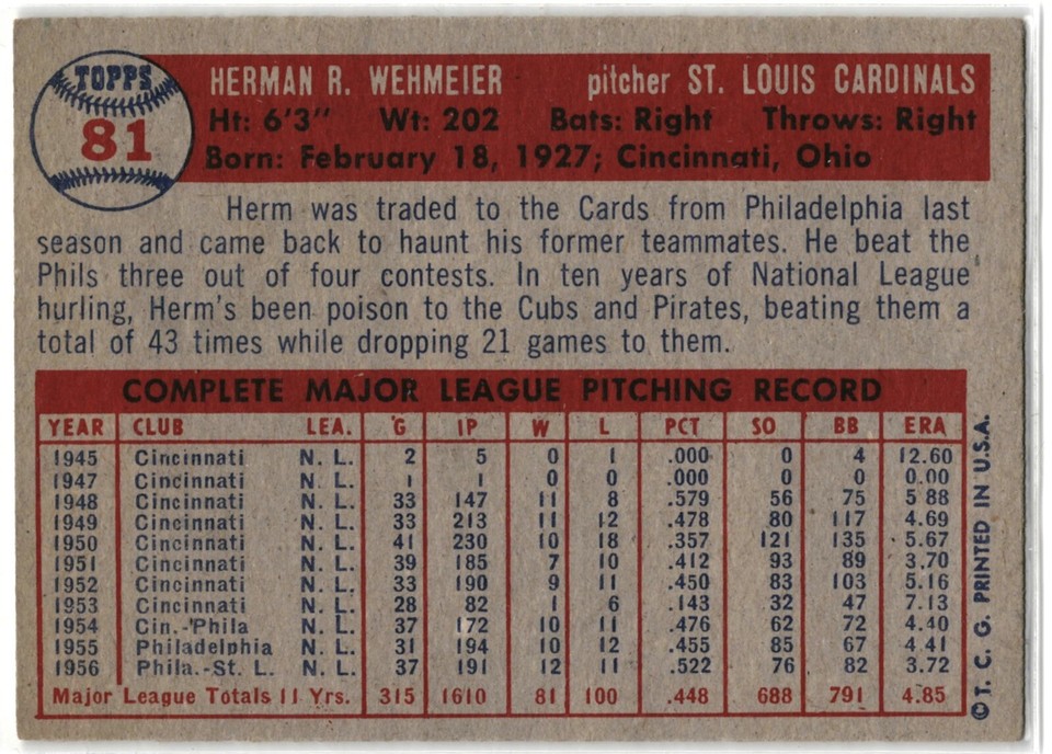 1957 Topps Baseball Herm Wehmeier St. Louis Cardinals #81 | eBay