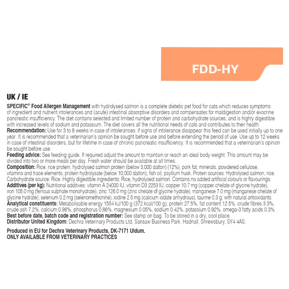 Dechra Specific Cat Food Fdd-hy Allergen Management Salmon Protein 400g ...
