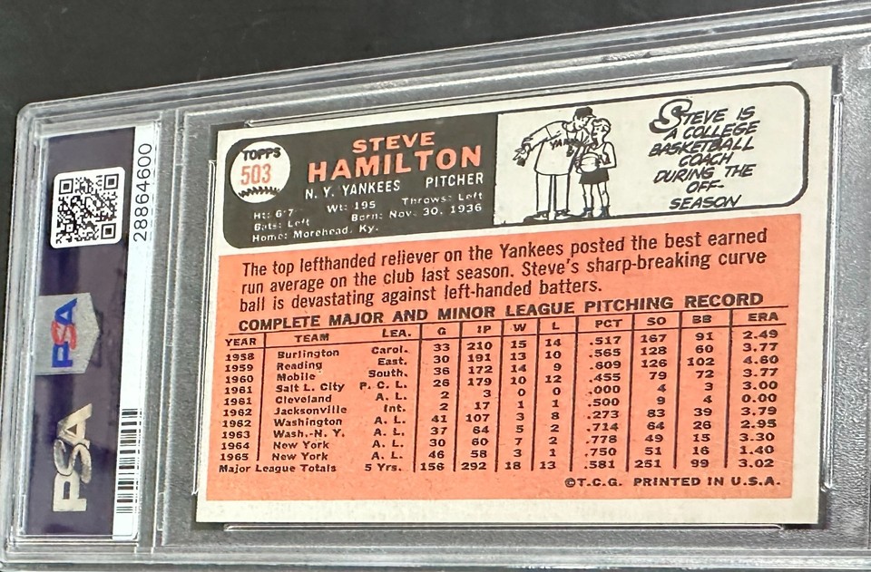 1966 Topps #503 Steve Hamilton Yankees PSA 9 MINT Well Centered! | eBay