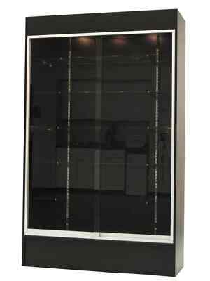 4 Foot Wide Black Wood Wall Display Showcase with LED Lights and Lock ...