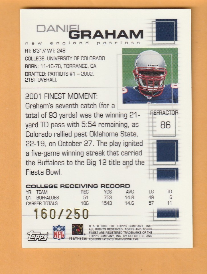 Daniel Graham New England Patriots 2002 Finest Refractor /250 Colorado ...