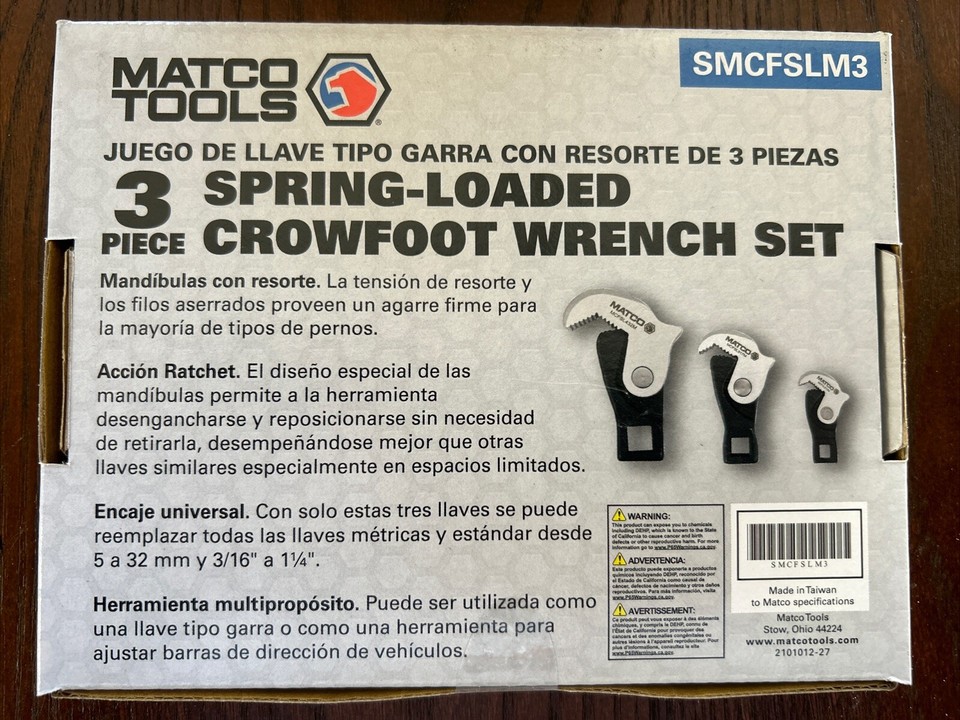 MATCO TOOLS 3 PIECE SPRING LOADED CROWFOOT WRENCH SET SMCFSLM3 | eBay