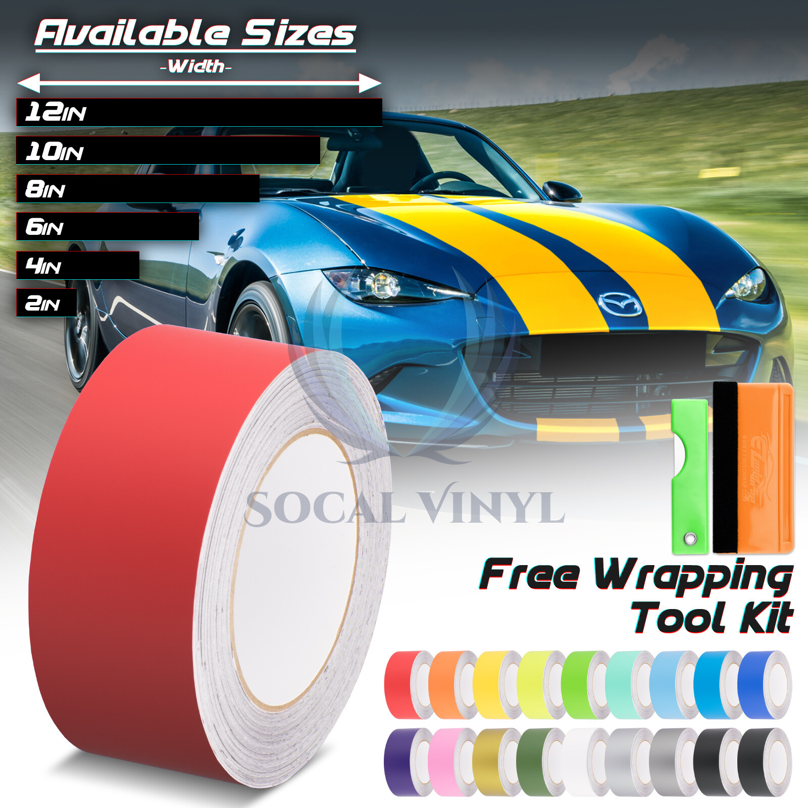 Matte Color Racing Stripes Vinyl Wrap For Mazda Miata MX-5 Stripe 10FT ...
