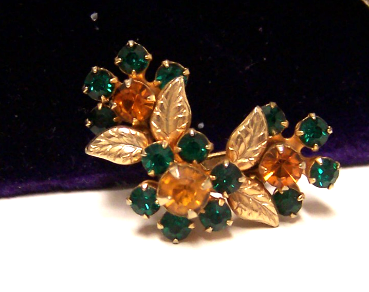 Vintage/Retro Emerald Green & Topaz Rhinestone FLOWER & LEAF Clip-on ...