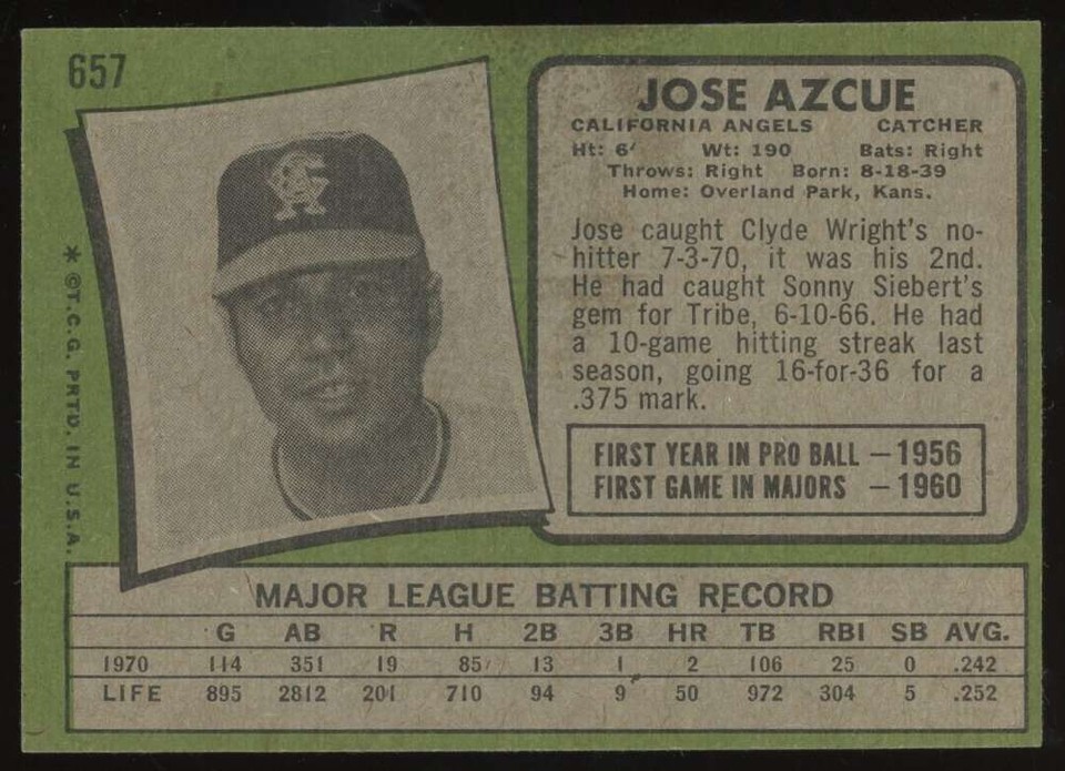 1971 Topps Jose Azcue #657 California Angels High Number Baseball NM ...