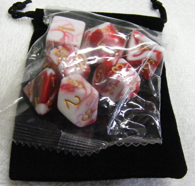 DICE RED 7 PC SET IN VELVET POUCH RPG POLYHEDRAL DND RPG PLAYING TABLE ...