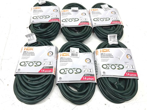 LOT OF 6 HDX 25FT 3 inline Outlet Outdoor Extension Cord New ...
