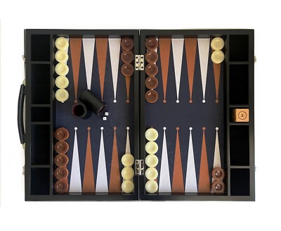 Tournament Size Backgammon Set Black And Tan Fabric Ground Leather Case ...