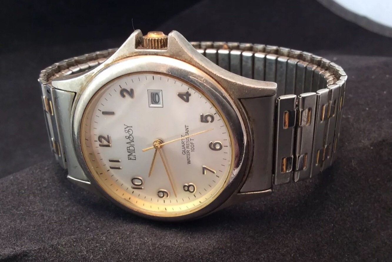 Embassy Big Face Quartz Wrist Stretch Silver Band Watch With Date ...