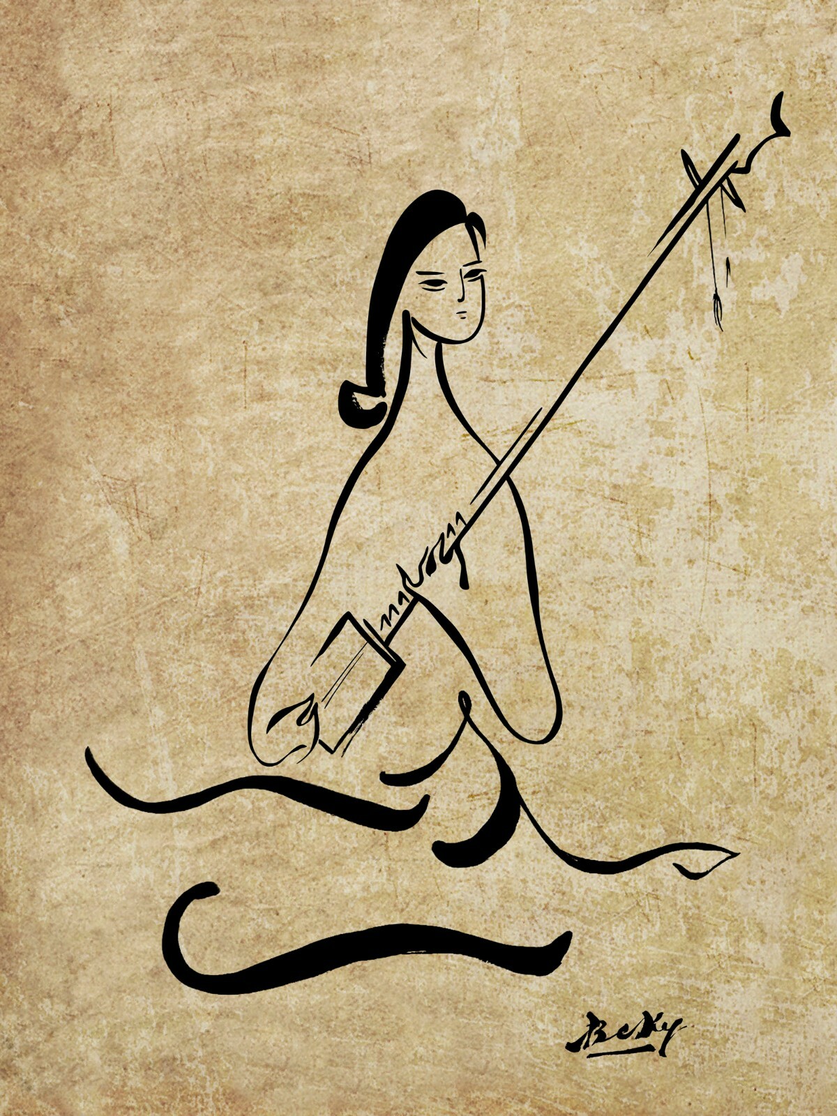 Beky's painting of "THIEU NU & DAN DAY" premium black ink on special ...