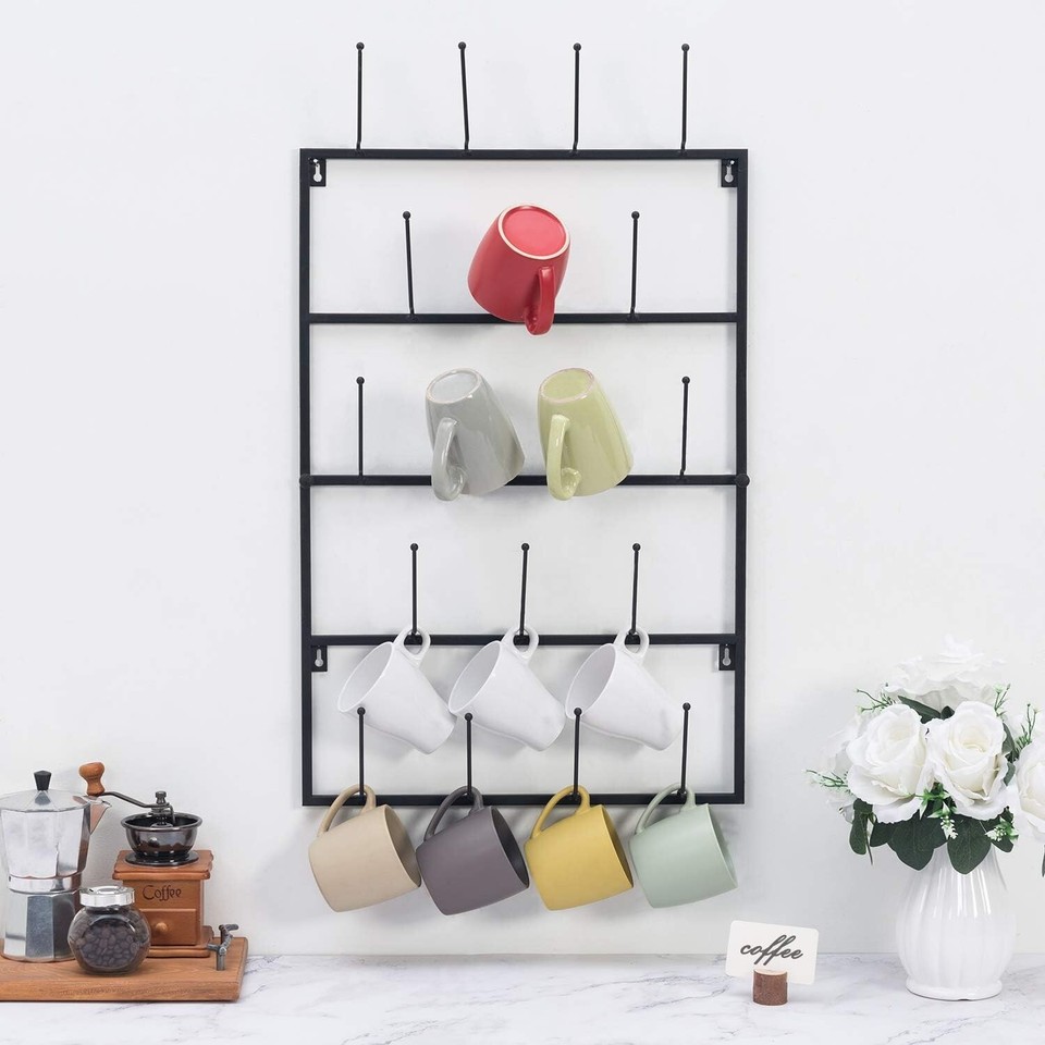 Wall Mounted Black Metal Coffee Mug Rack Cup Holder, Hanging Display ...