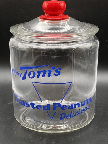 Vtg Blue Tom’s Toasted Peanuts Glass Counter Jar With Lid Red Embossed ...