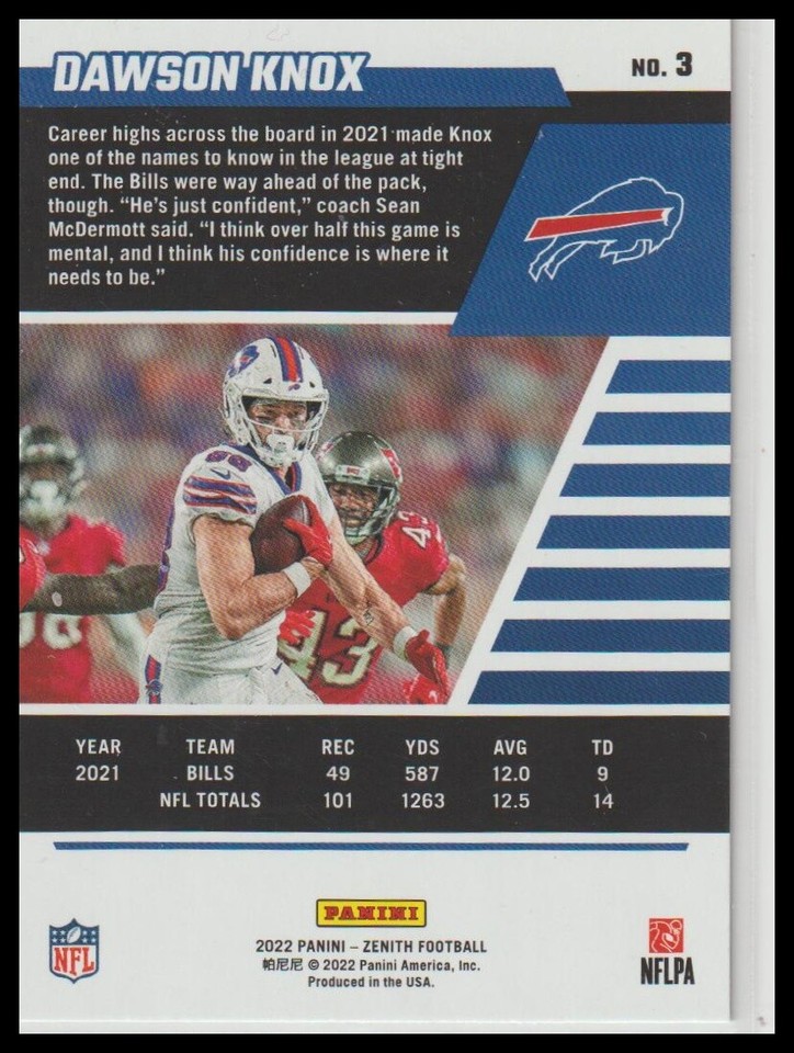 Dawson Knox 2022 Zenith #3 Red Zone Buffalo Bills Football Card | eBay