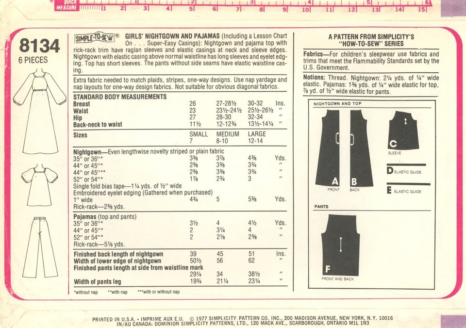 Simplicity 8134 Nightgown & Pajamas w Elastic Casing, Top & Pants Sz 12 ...