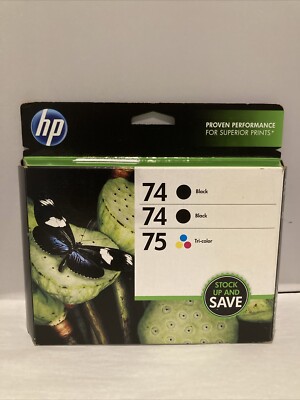 HP 74 Black + 74 Black + 75 Tri-Color Ink Combo Pack Genuine NEW SEALED ...
