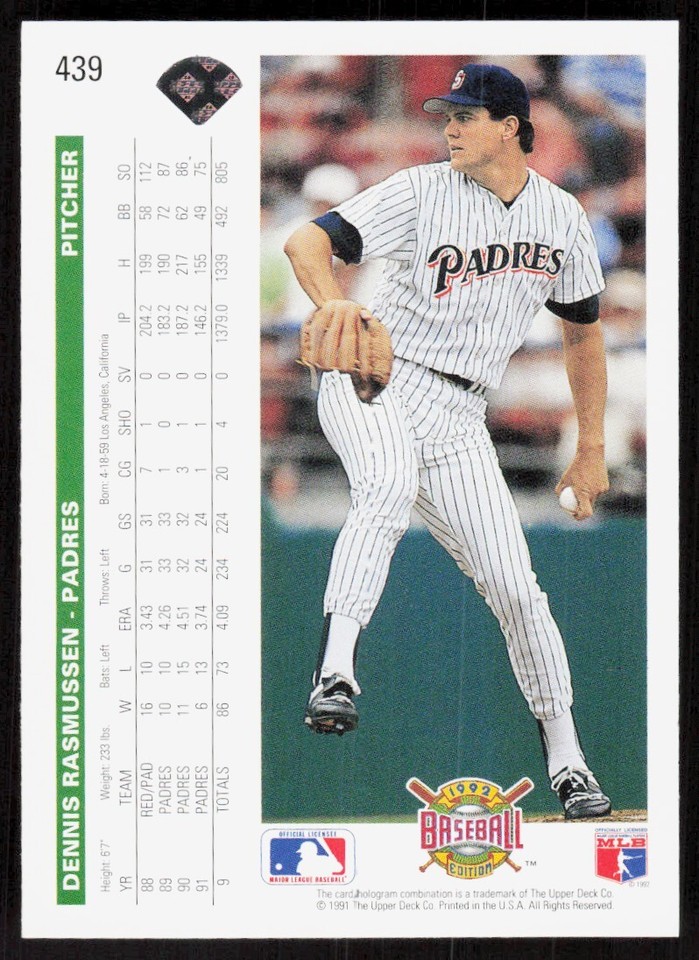 1992 Upper Deck Baseball Card Dennis Rasmussen San Diego Padres #439 | eBay