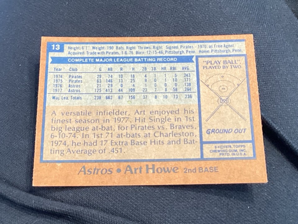 1978 Topps Autograph Baseball Art Howe RC Rookie Card #13 Houston ...