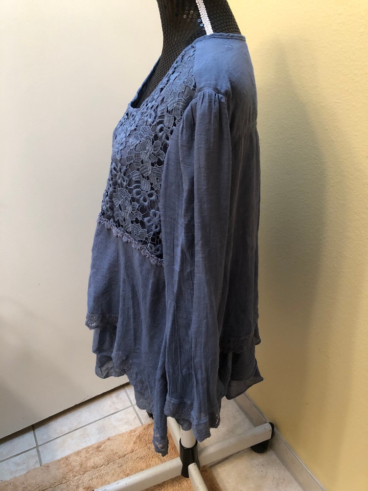 Indigo Soul Sz XL Solid Blue Tiered W/Lace Pullover Layered L/Slv Tunic ...