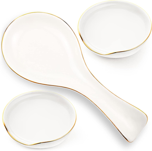 3 Pcs Gold Rim Ceramic Spoon Rests White Kitchen Spoon Rests Long ...