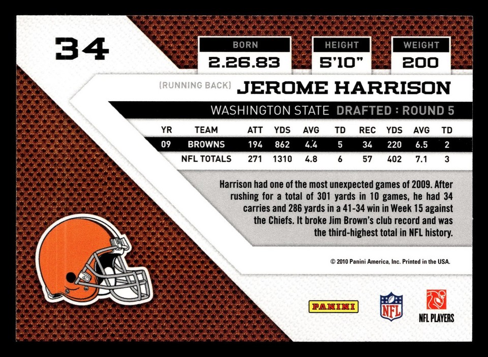Jerome Harrison 2010 Panini Threads #34 Cleveland Browns FREE SHIPPING ...