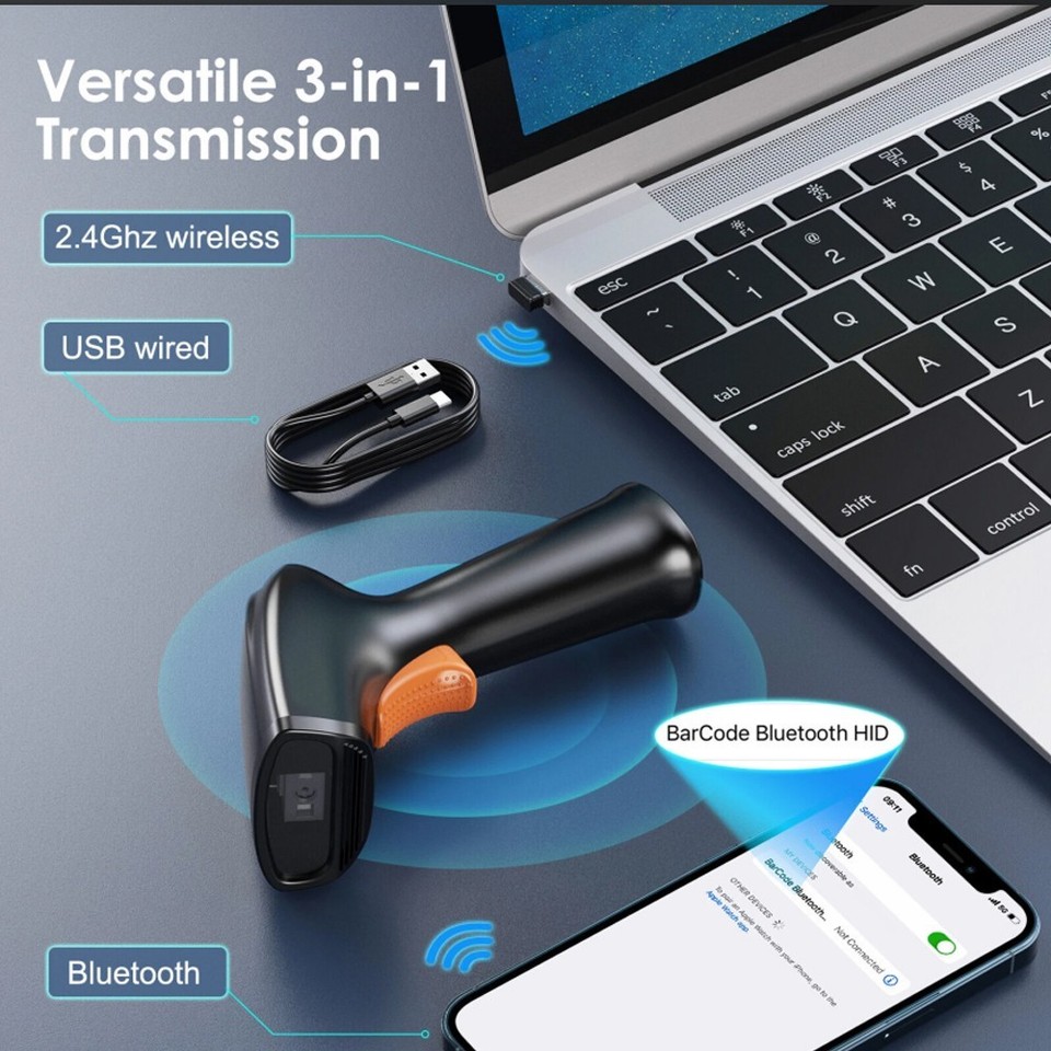3-in-1 Handheld Barcode Scanner Wireless 2D QR Code Reader USB ...