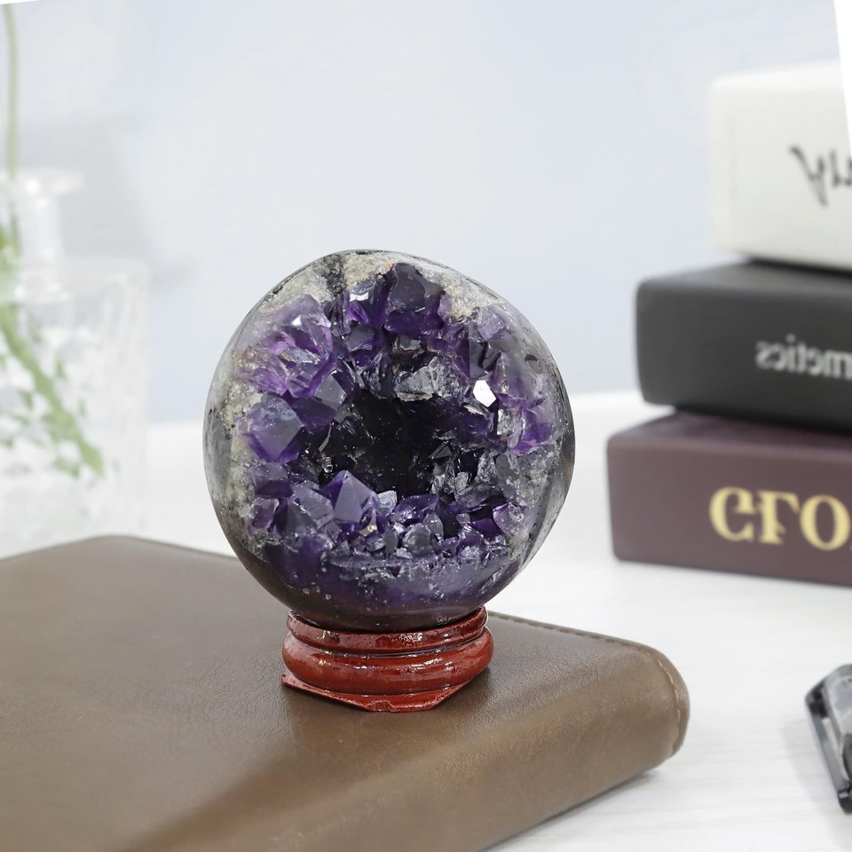 Amethyst Druzy Geode Gemstone Ball with Wood Stand Healing Natural ...
