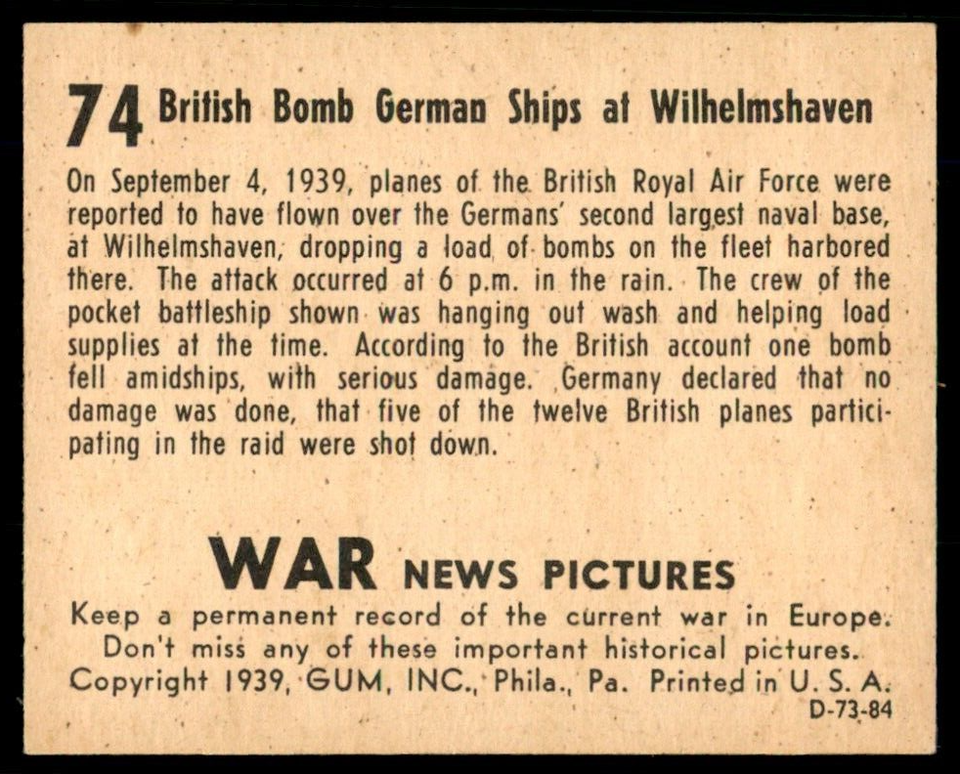1939 War News Pictures #74 British Bomb German Ships... NEAR MINT ...