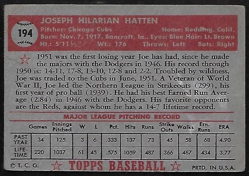1952 Topps #194 Joe Hatten Chicago Cubs | eBay