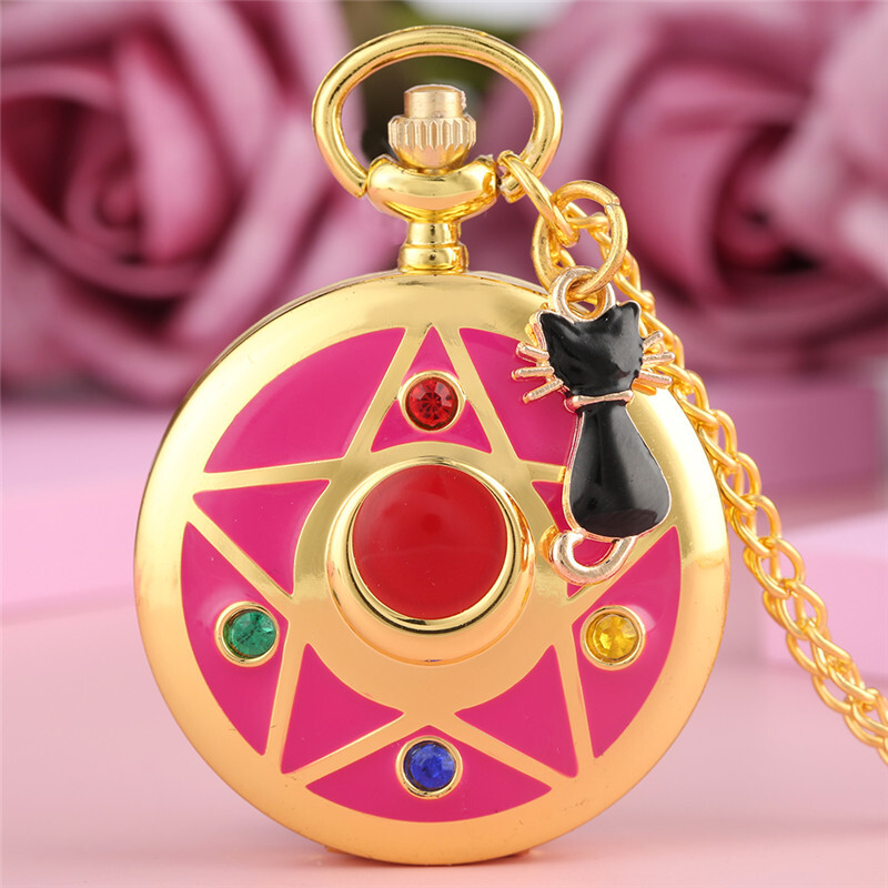 Pink Pocket Watch for Girls Cute Cartoon Design Quartz Fob Watch with ...