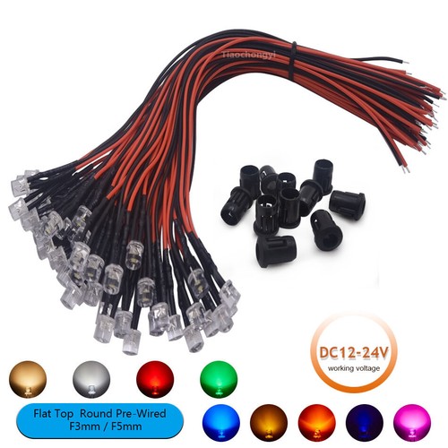 12-24V 3mm 5mm Pre Wired Flat Top LED lights Emitting Diode White Red ...