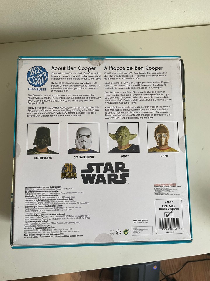 NEW in box Ben Cooper adult YODA Vacuform MASK Lucasfilm 50th STAR WARS ...