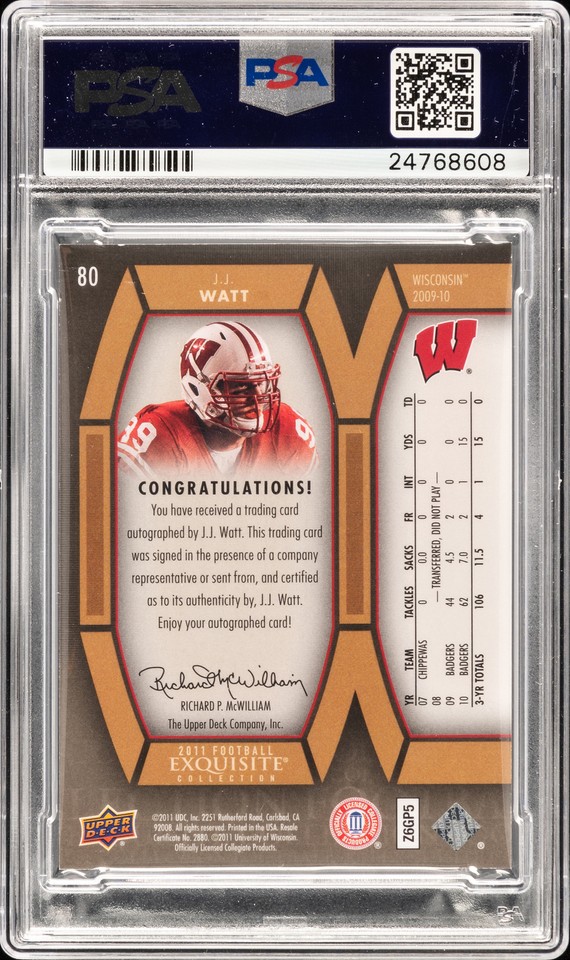 2011 UD EXQUISITE COLLECTION SIGNATURE #80 J.J. WATT ROOKIE RC 33/70 ...