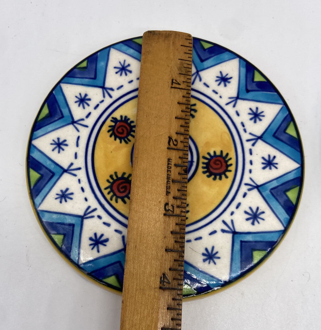 2 PIER 1 Hand Painted Round Ceramic Boho Sunburst Mandala Coasters Blue ...